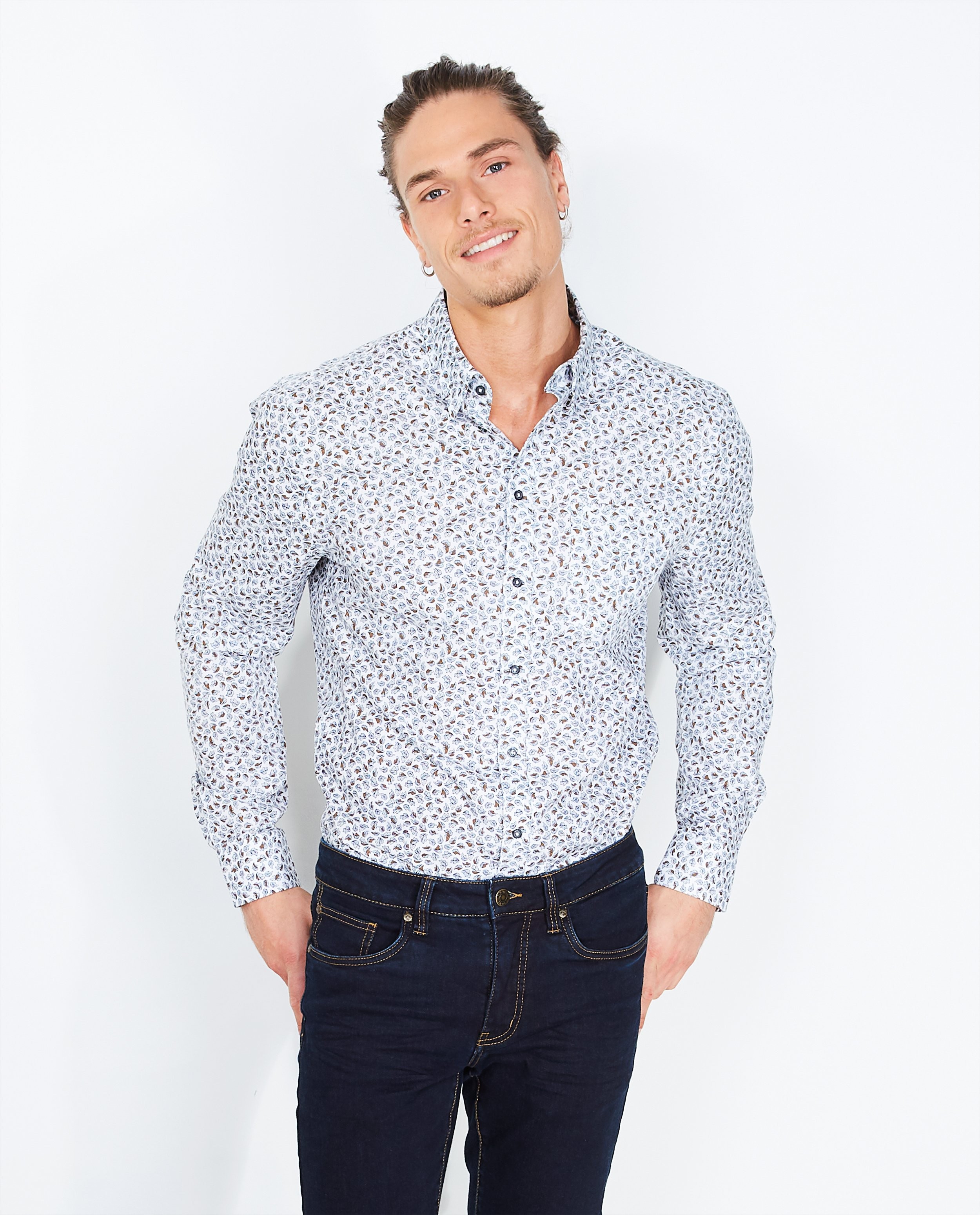 Wit hemd met bladerprint slim fit Iveo | JBC België