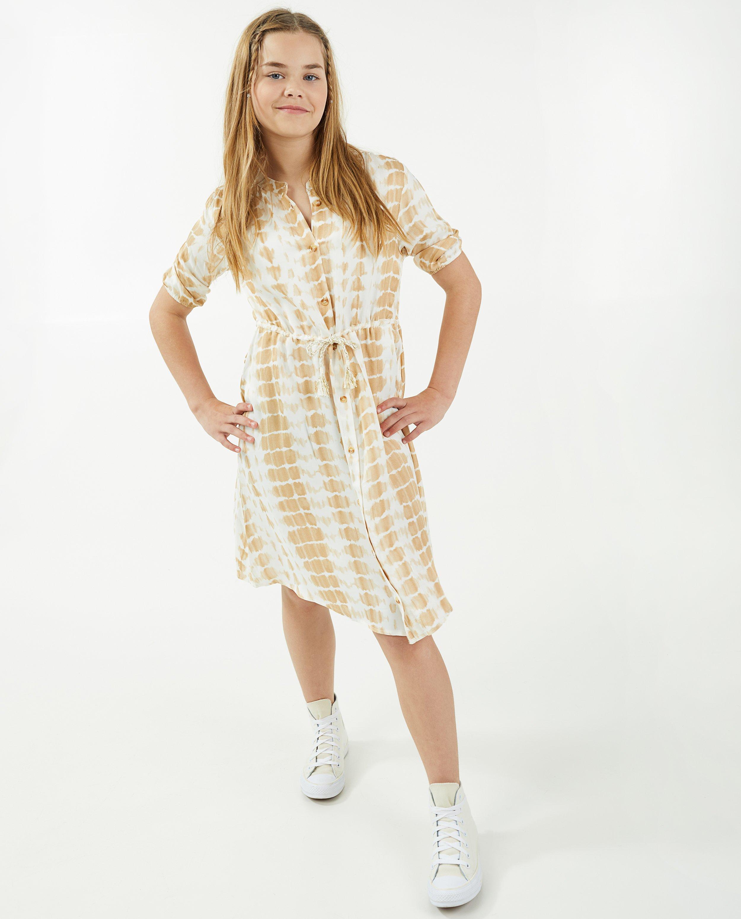 Beige jurk met print en knopenrij